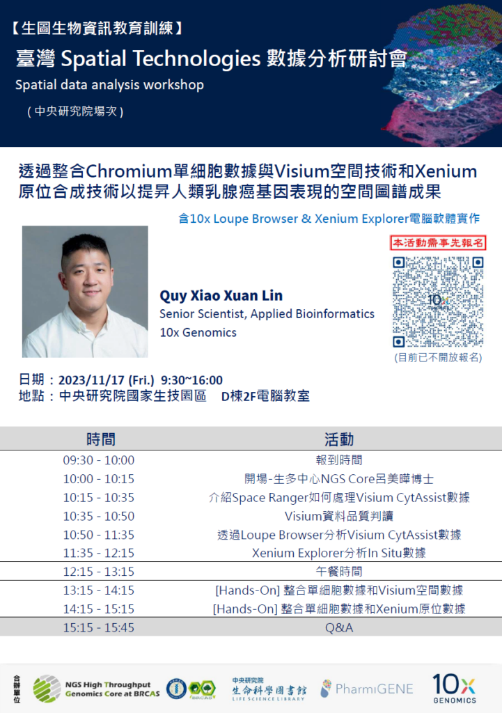 【生物資訊教育訓練課程】臺灣 Spatial Technologies 數據分析研討會 – NGS Core at BRCAS
